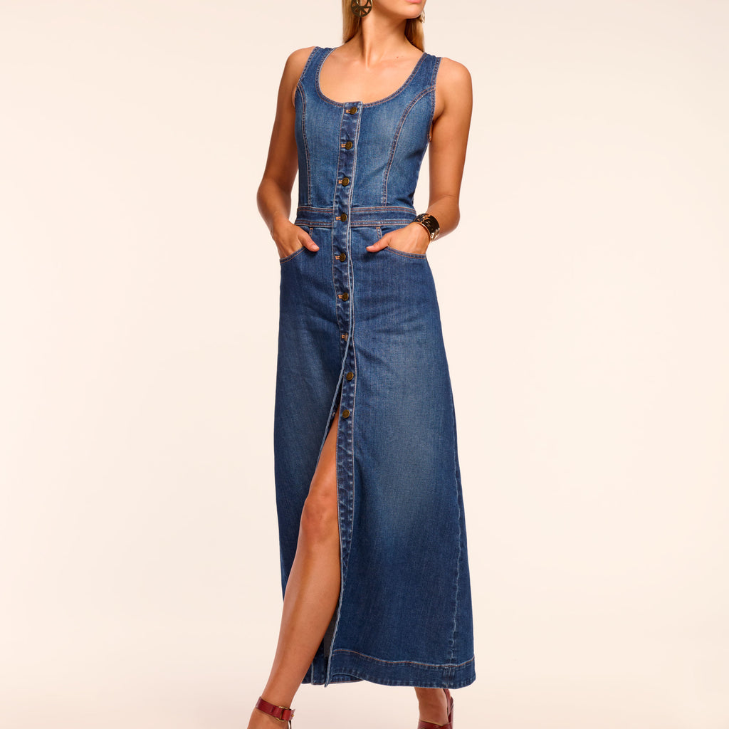Madeleine Sleeveless Denim Maxi Dress in medium wash | Ramy Brook