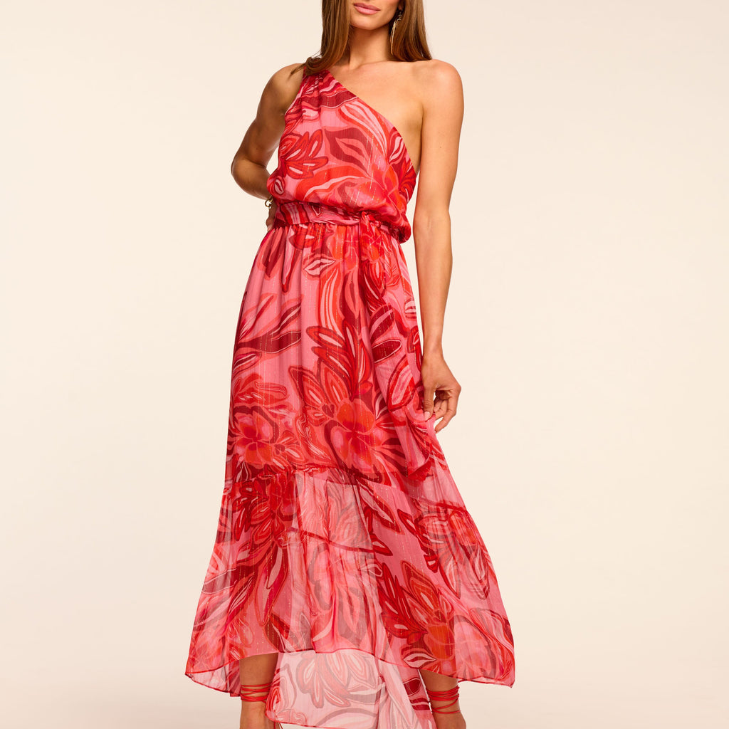 Nicola Silk Metallic One-Shoulder Maxi Dress in rosa hibiscus | Ramy Brook