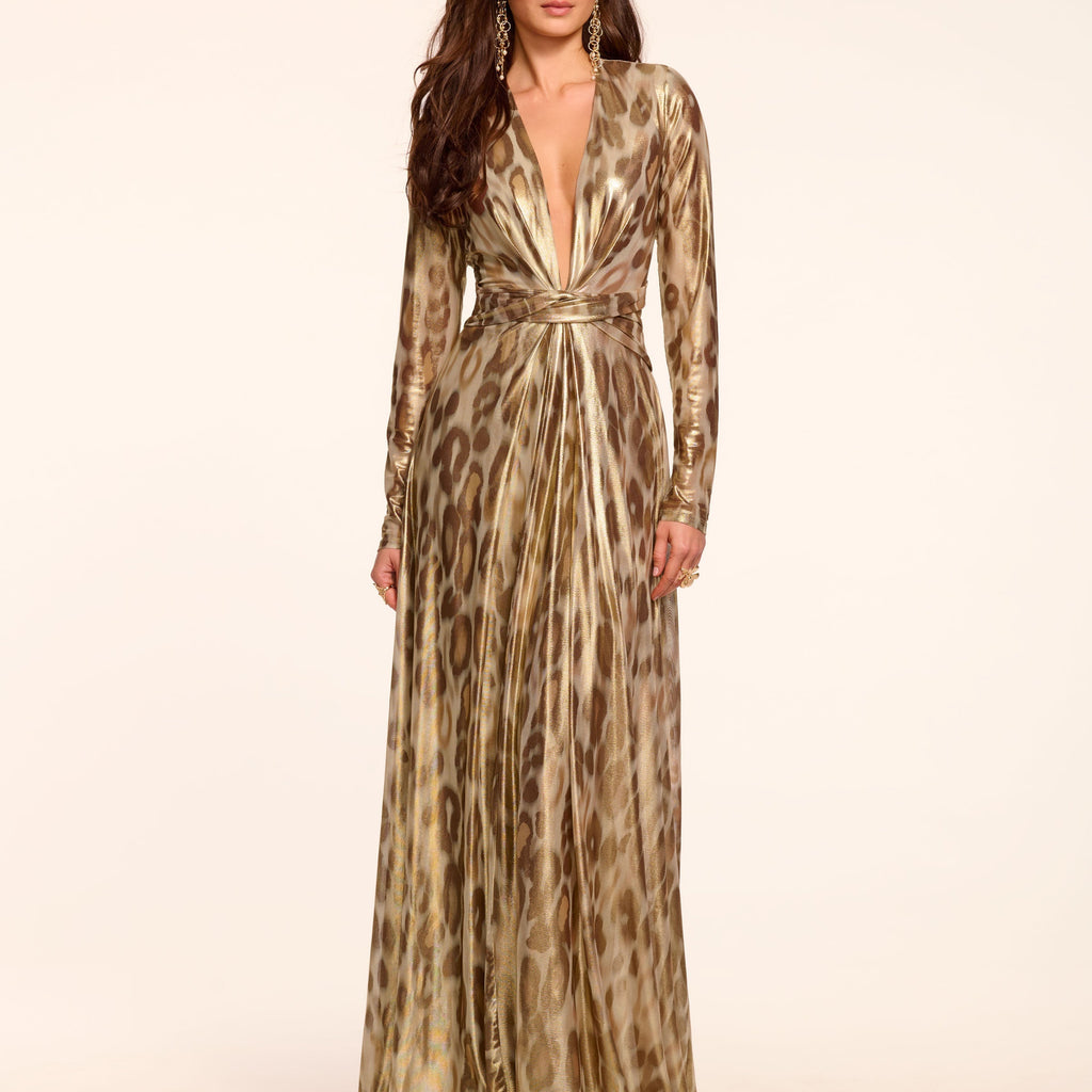 Martini Printed Plunging Gown in gold animal | Ramy Brook