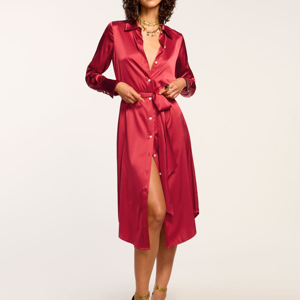 Victoria Silk Button Down Midi Dress in silver | Ramy Brook