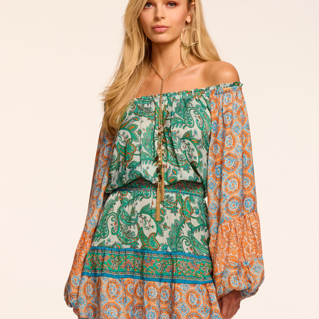 Claudine Smocked Off-The-Shoulder Mini Dress in palm patchwork | Ramy Brook