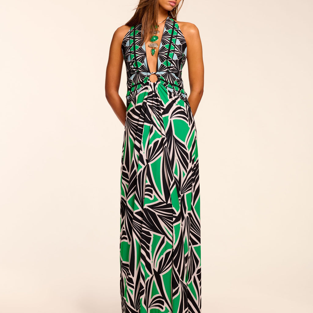 Rayna Jersey Plunging Maxi Dress in palm print | Ramy Brook