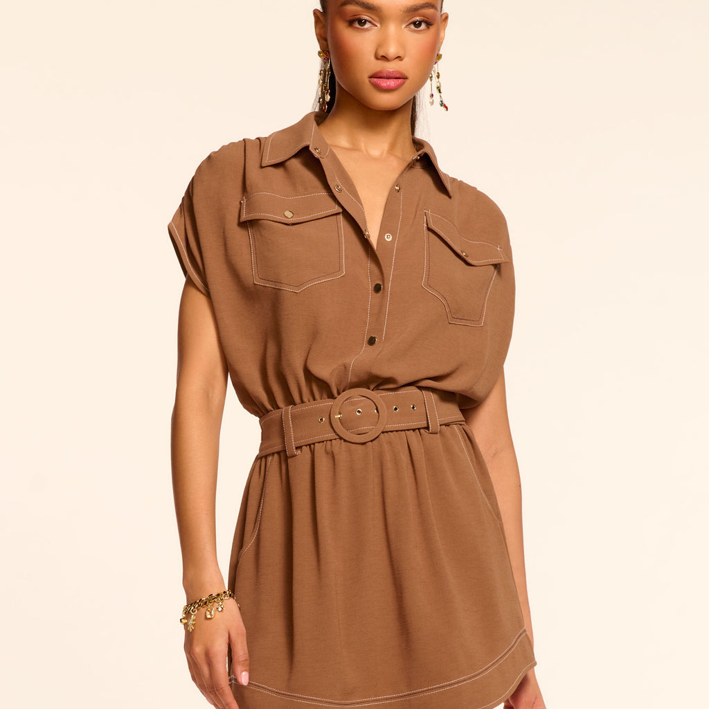 Bess Stitched Belted Mini Dress in baja brown | Ramy Brook