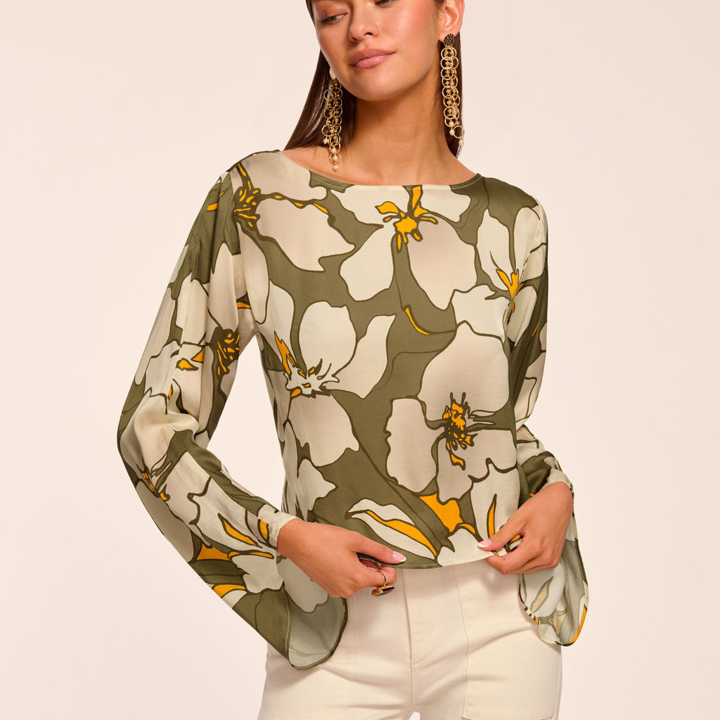 Amanda Boat Neck Long Sleeve Top in safari floral | Ramy Brook