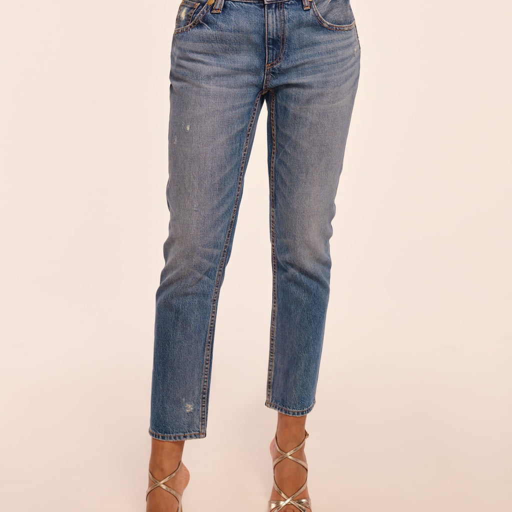 Milla Distressed Low-Rise Tapered Jean in vintage wash | Ramy Brook