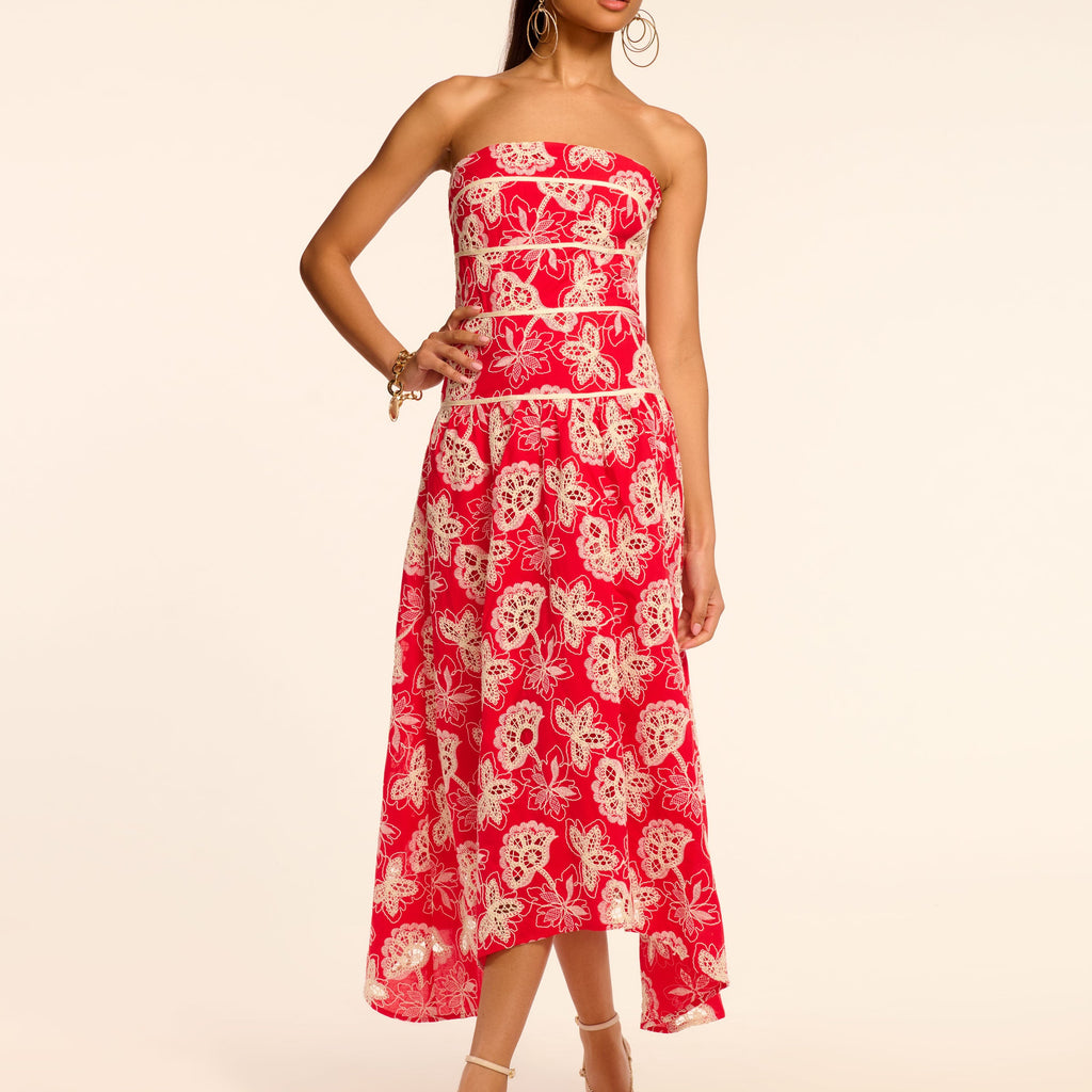 Blanca Strapless Embroidered Maxi Dress in flame flower | Ramy Brook
